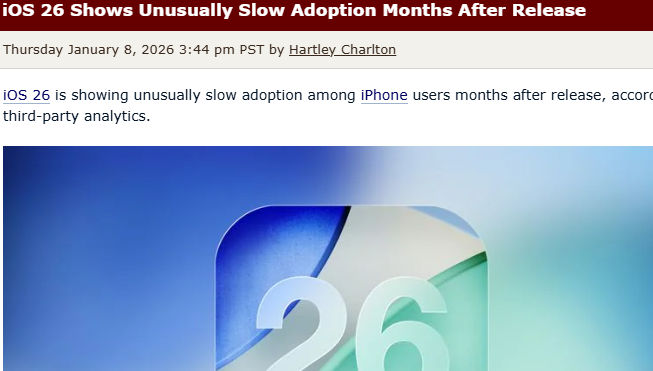iOS 26 采用率创近年新低，原因浮出水面